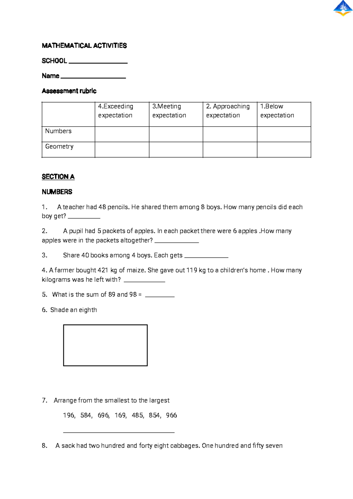 Grade 9 Mathematics Assessment Rubric: Exceeding to Below Expectations ...