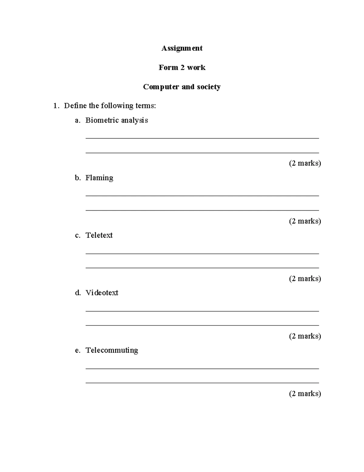 Computer Studies FORM 1 End of Term Two Examination Questions - Studocu