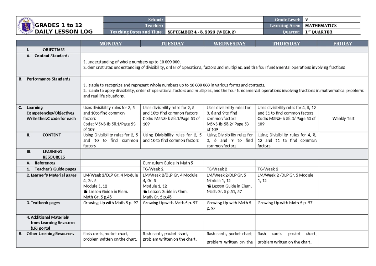 DLL MATH 5 Q1 W1 - Daily Lesson Log on Whole Numbers & Rounding - Studocu