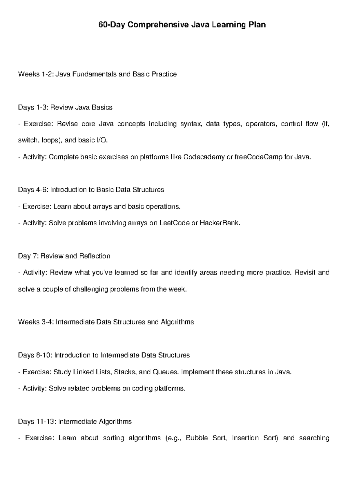 Java 60-Day Learning Plan: Mastering Fundamentals to Advanced Concepts - Studocu