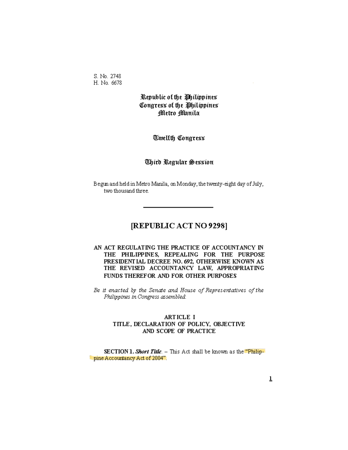 Accountancy Act of 2003: Regulation and Practice Guidelines - Studocu