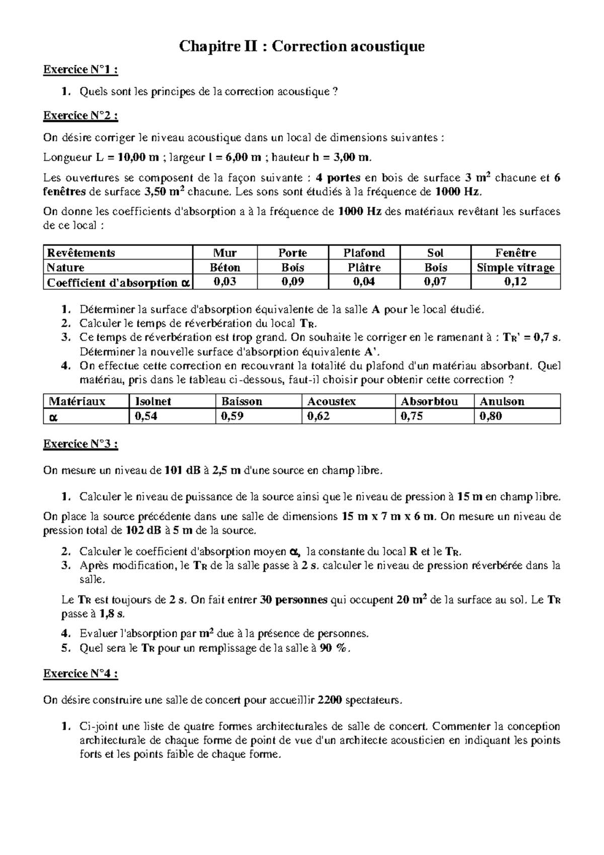 Chapitre II : Correction Acoustique - Exercices et Calculs Acoustiques ...
