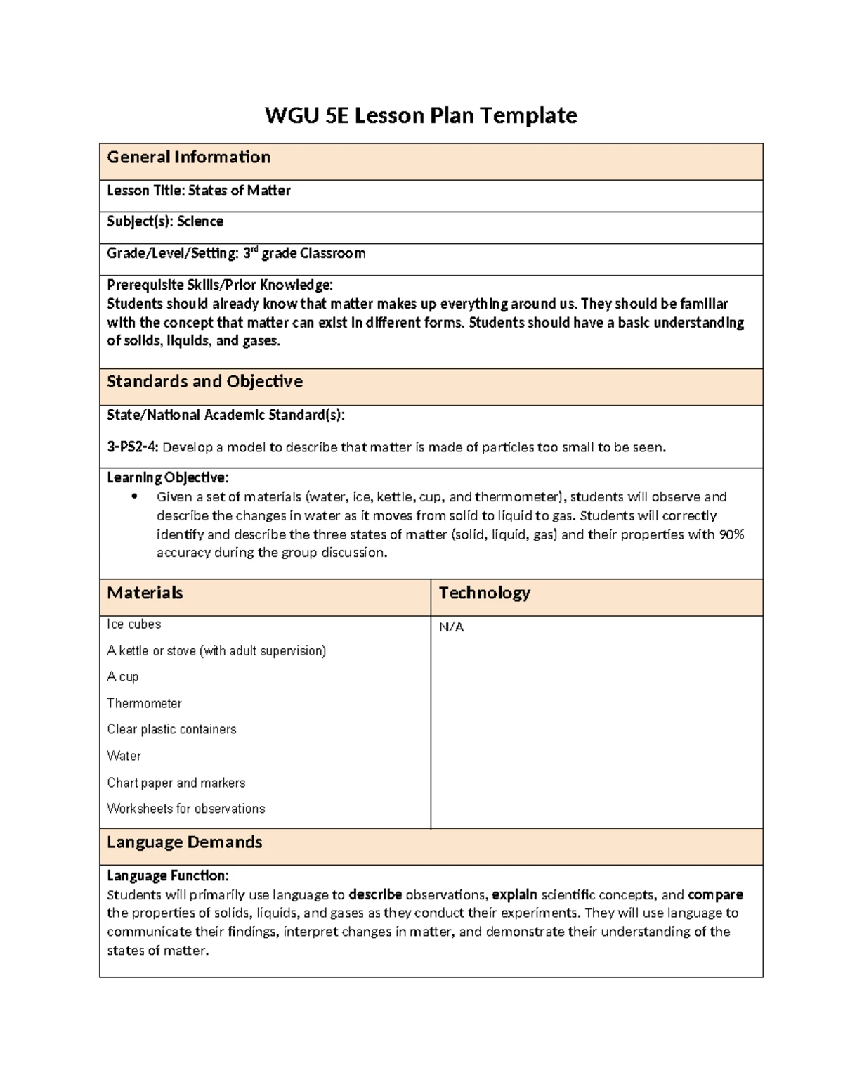 Magical matter! 5th grade science lesson - 5E Lesson Plan Template WGU ...