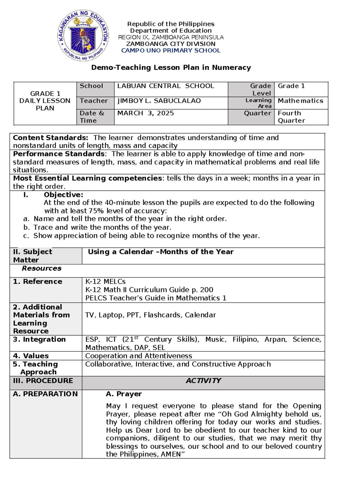 Grade 1 Numeracy Lesson Plan: Months of the Year (Jimboy L. S.) - Studocu