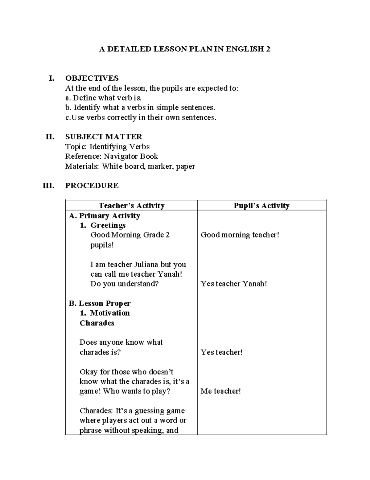 Detailed Lesson Plan: Identifying Verbs in English 2 - Studocu