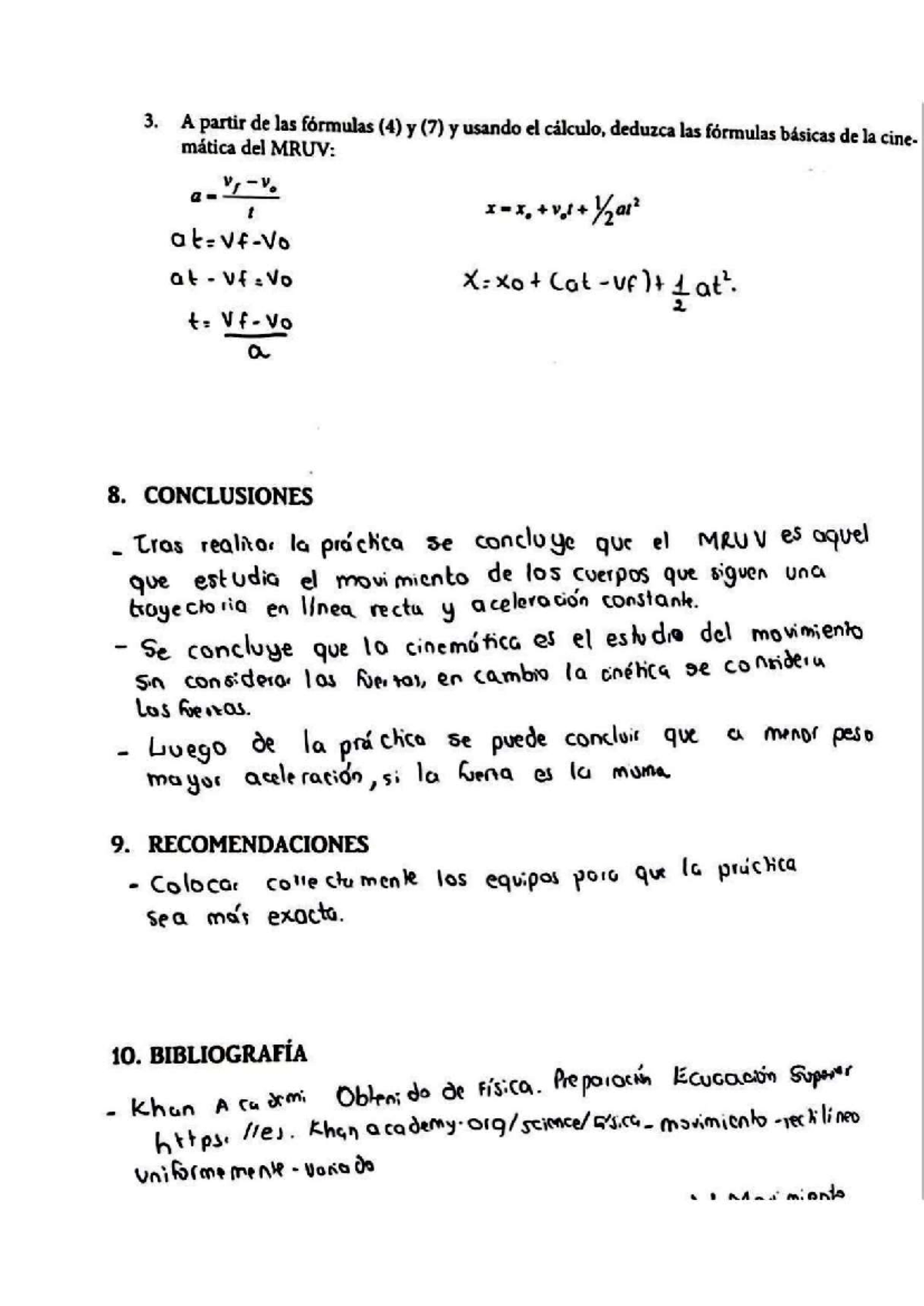 MRUV: Conclusiones y Recomendaciones - P 7 Preguntas - Studocu