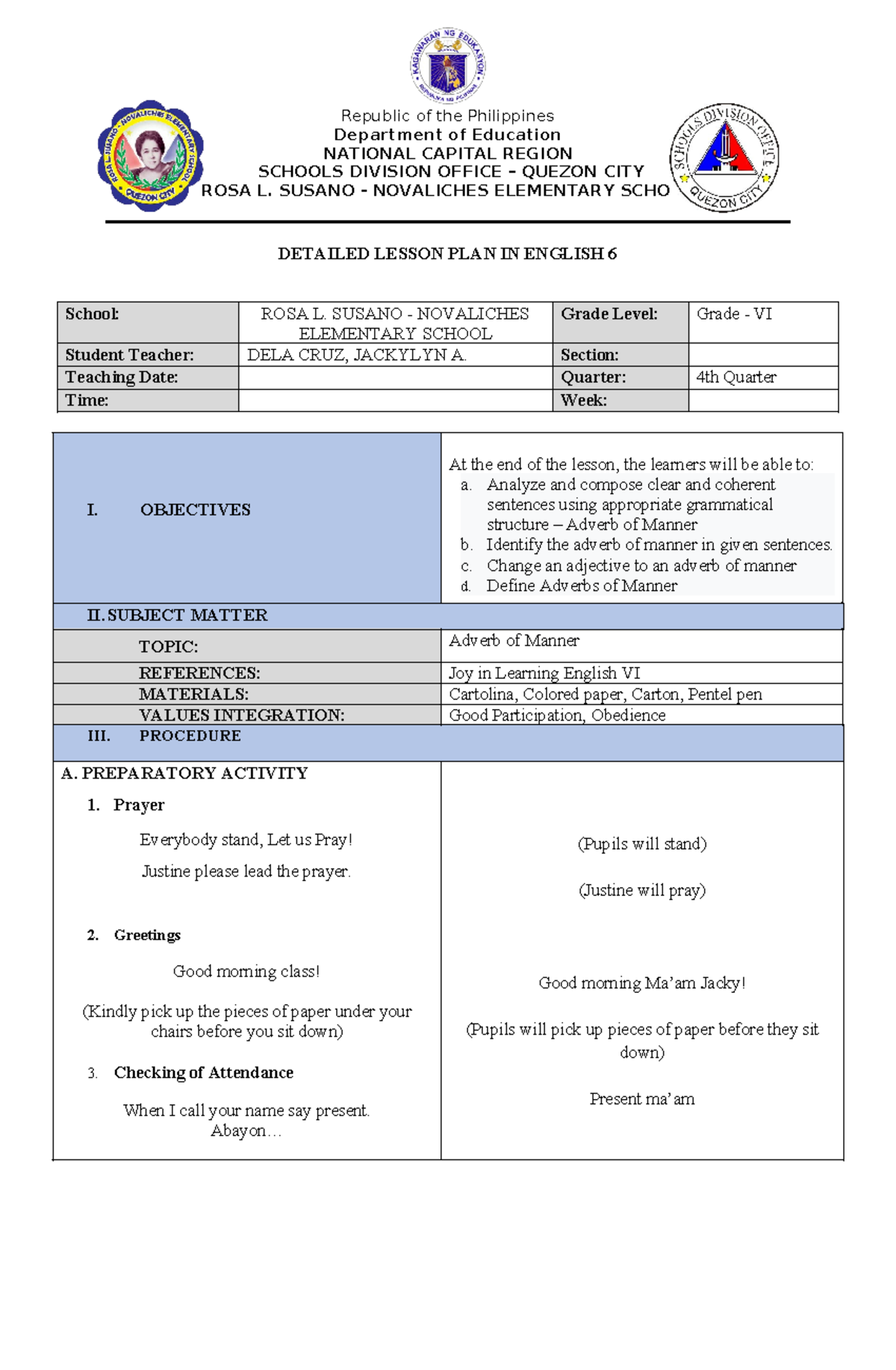 Detailed Lesson Plan on Adverb of Manner (ENGLISH 6) - Studocu
