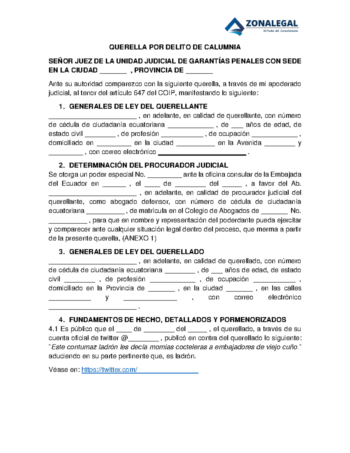 Modelo de querella Ecuador. Formato de querella. Redacción de querella ...