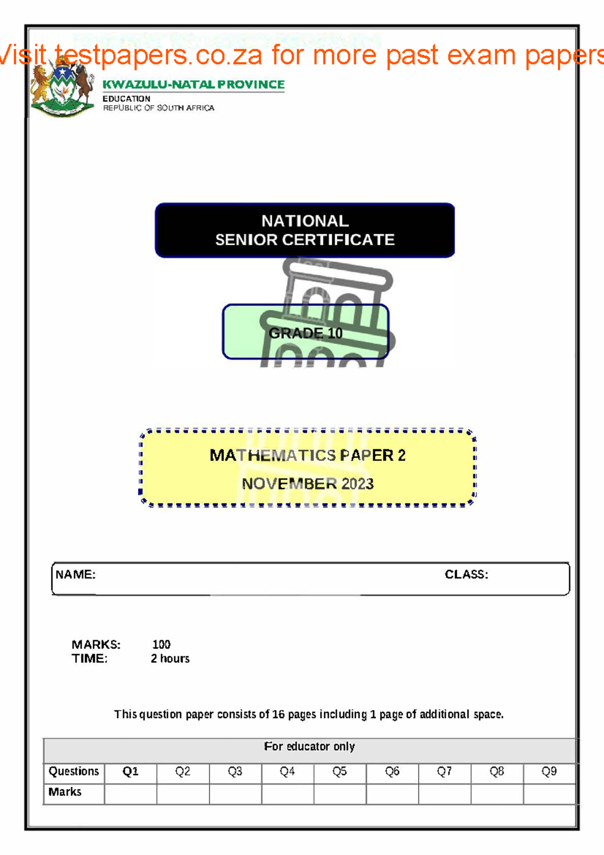 Maths Grade 10 November 2023 P2 Exam Paper and Memo - Studocu