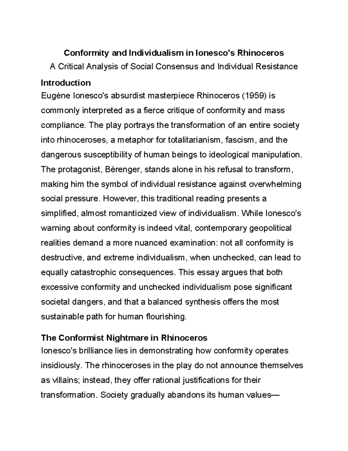 Rhinoceros (ENG 201) Essay: Conformity vs. Individualism Analysis - Studocu