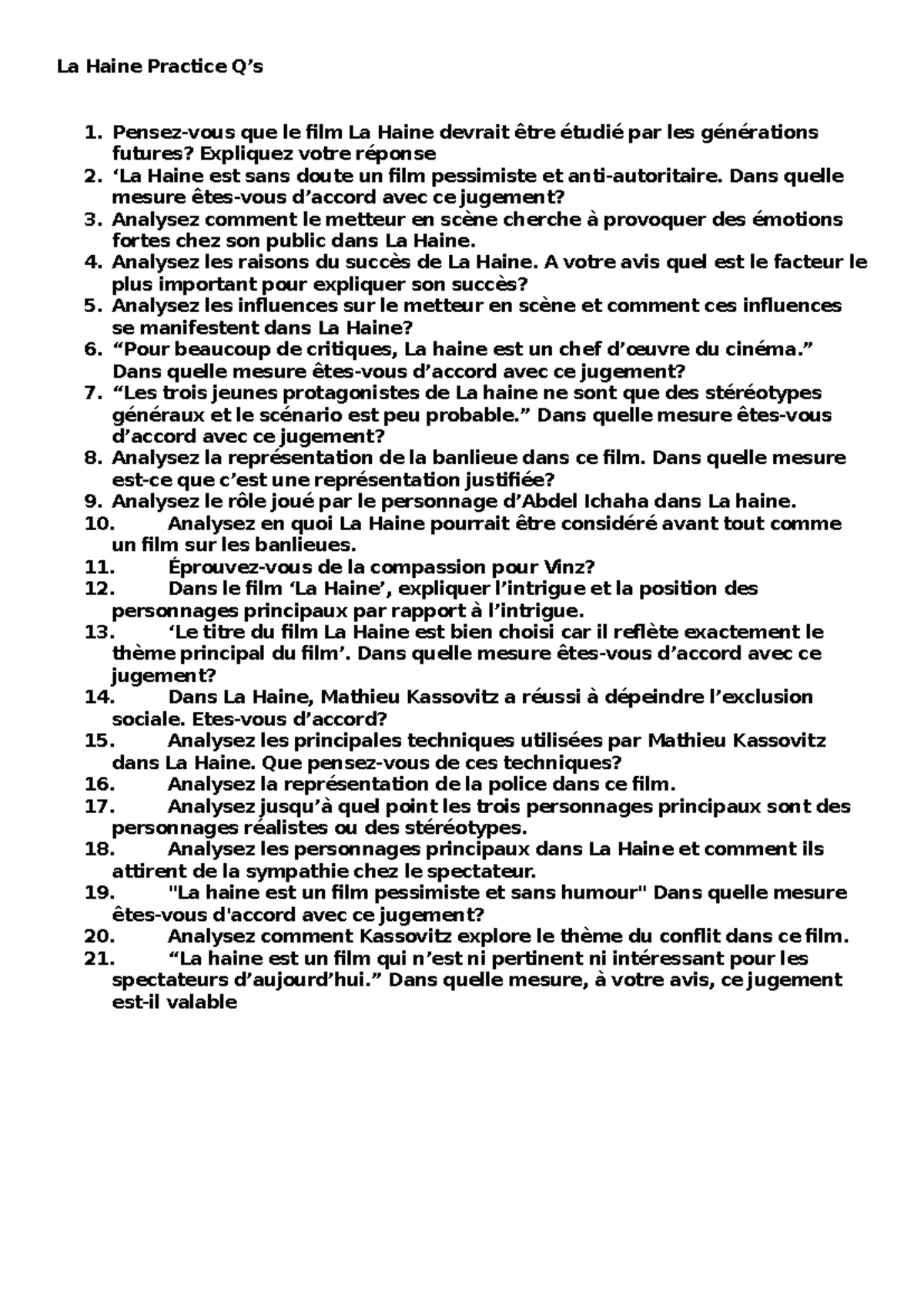 La Haine (Film) - Questions d'Analyse et Réflexion - Studocu