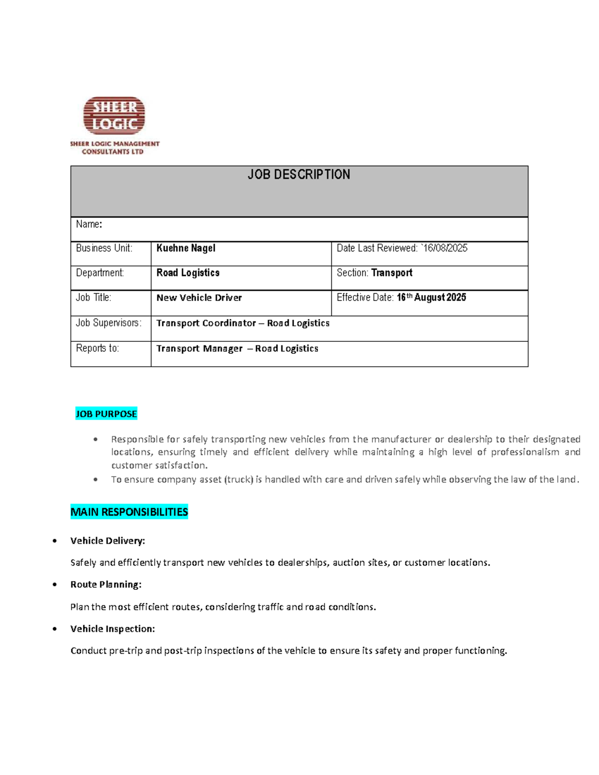 Job Description: New Vehicle Driver - Kuehne Nagel - Studocu