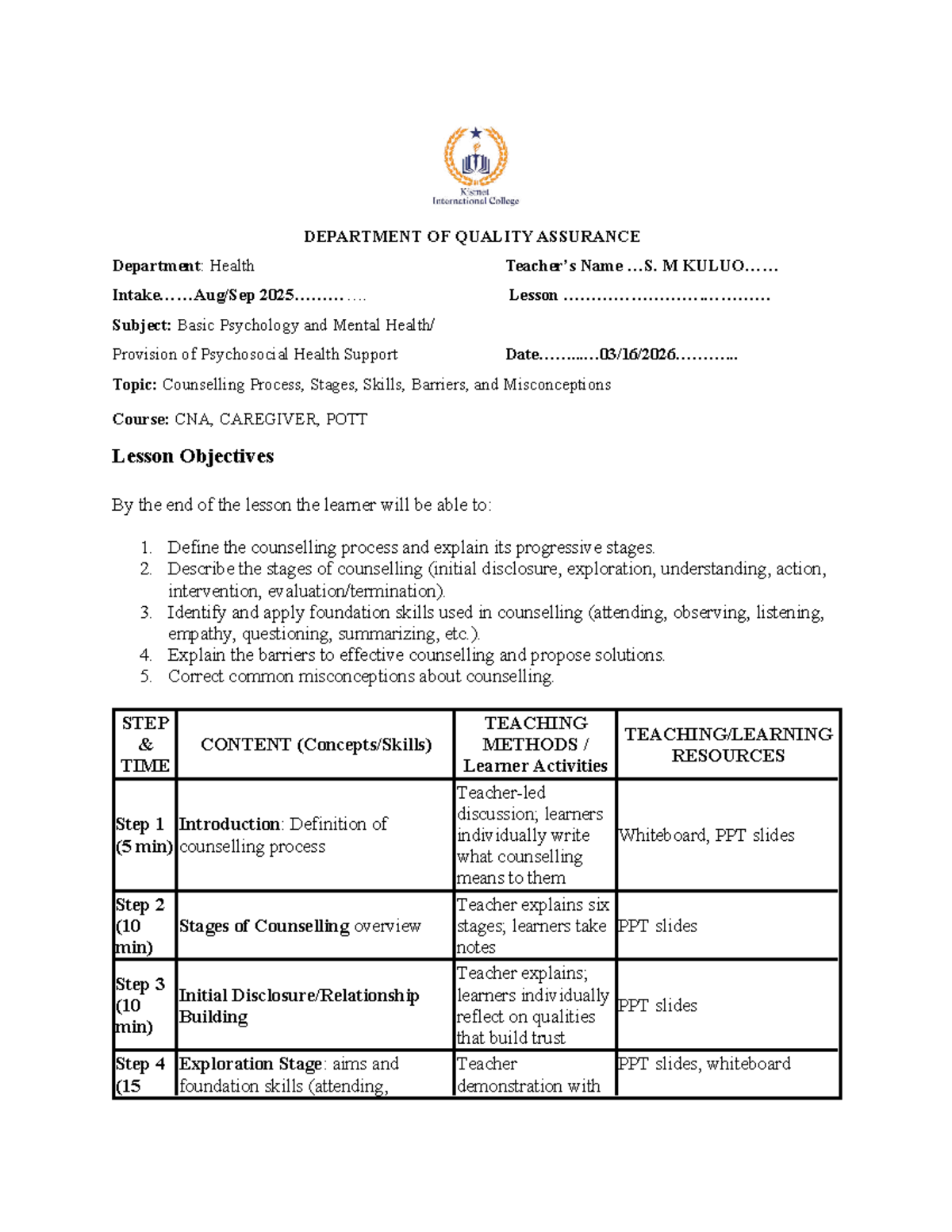 CNA, CAREGIVER, POTT Lesson Plan: Counselling Process & Skills - Studocu