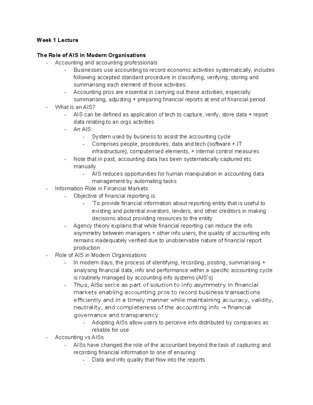 ACC101 Week 1 Lecture: The Role of AIS in Modern Organizations - Studocu