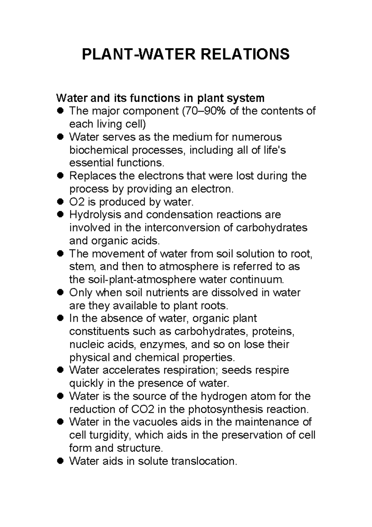 Plant- Water Relation - PLANT-WATER RELATIONS Water and its functions ...