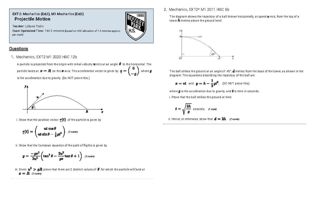 Projectile Motion Study Guide - Mechanics EXT2 M1 - Studocu