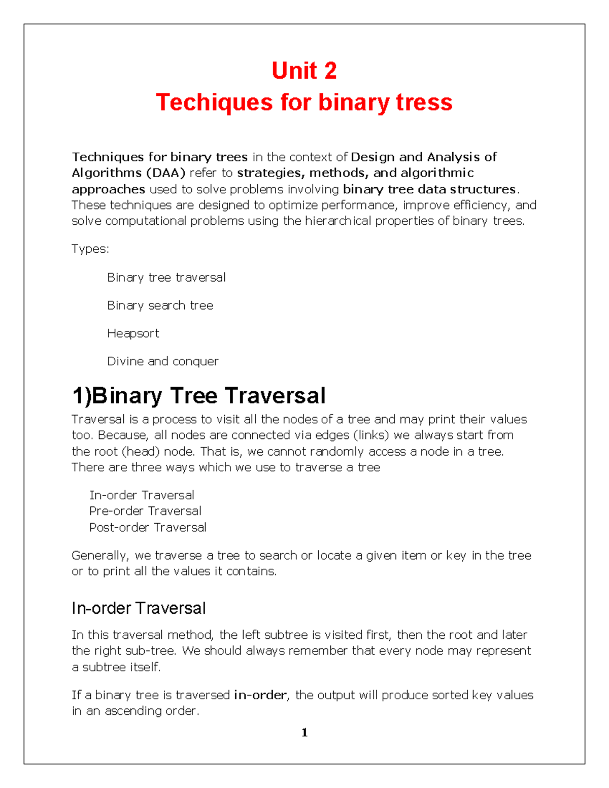 DAA Unit 2: Techniques for Binary Trees and Graphs - Studocu
