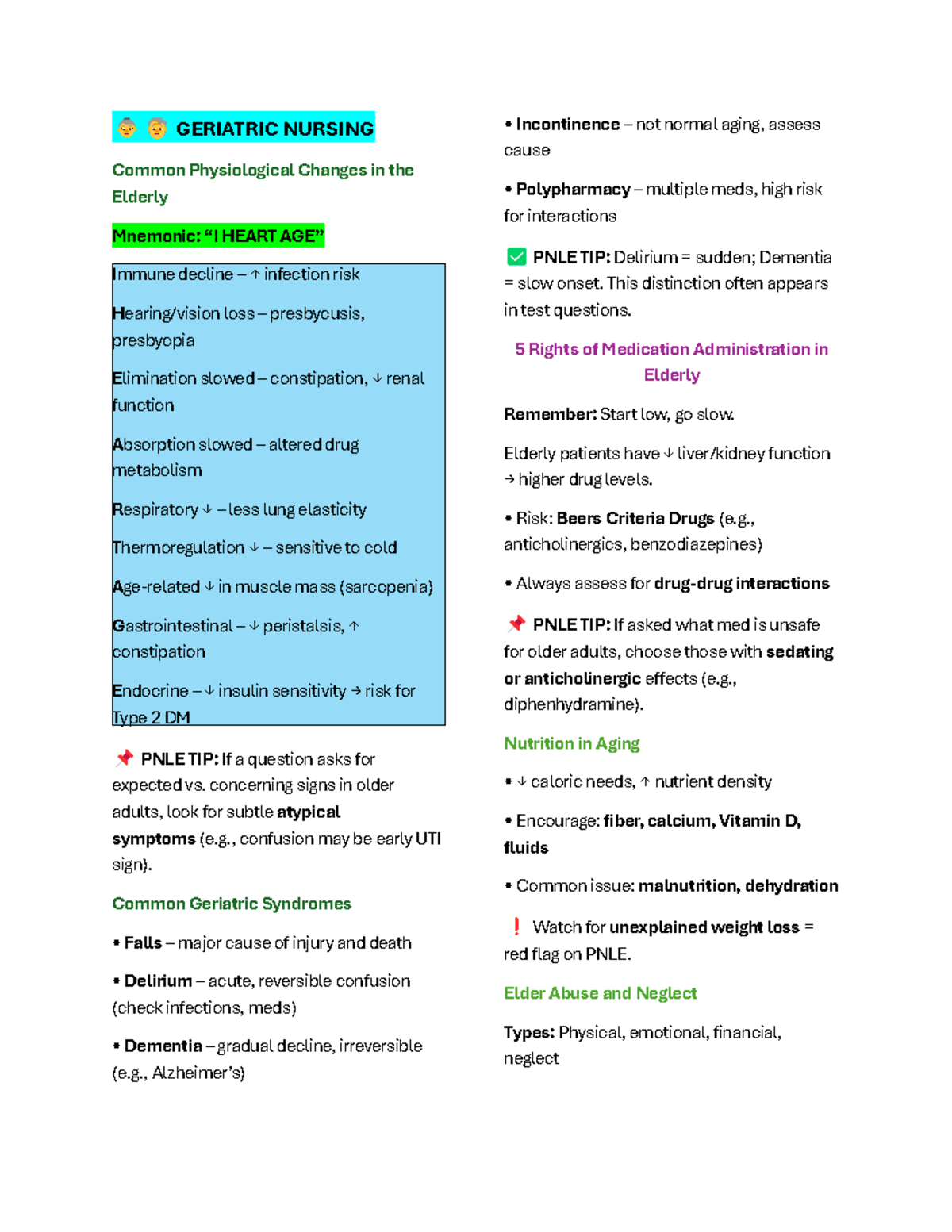 Geriatric Nursing PNLE Study Guide: Key Physiological Changes & Tips ...