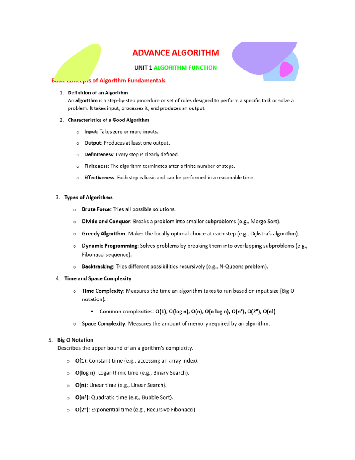 ADVANCE ALGORITHM UNIT 1: FUNDAMENTALS & ANALYSIS - Studocu