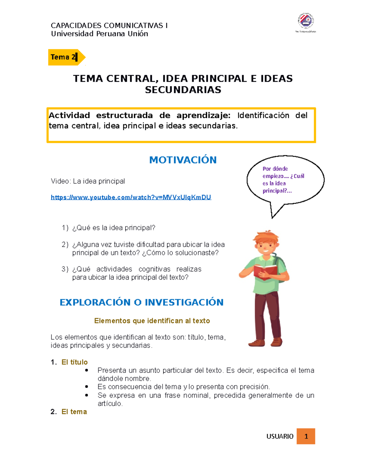Tema 2 - Identificación de Tema Central y Ideas en Textos - Studocu