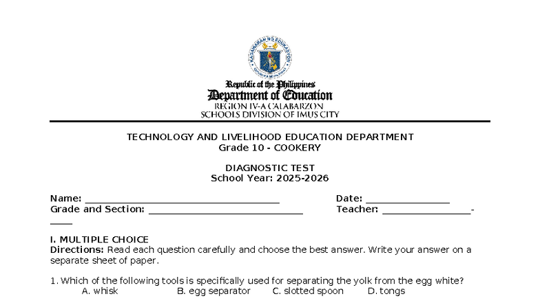Diagnostic Test for Cookery 10: Tools, Techniques, and Safety - Studocu