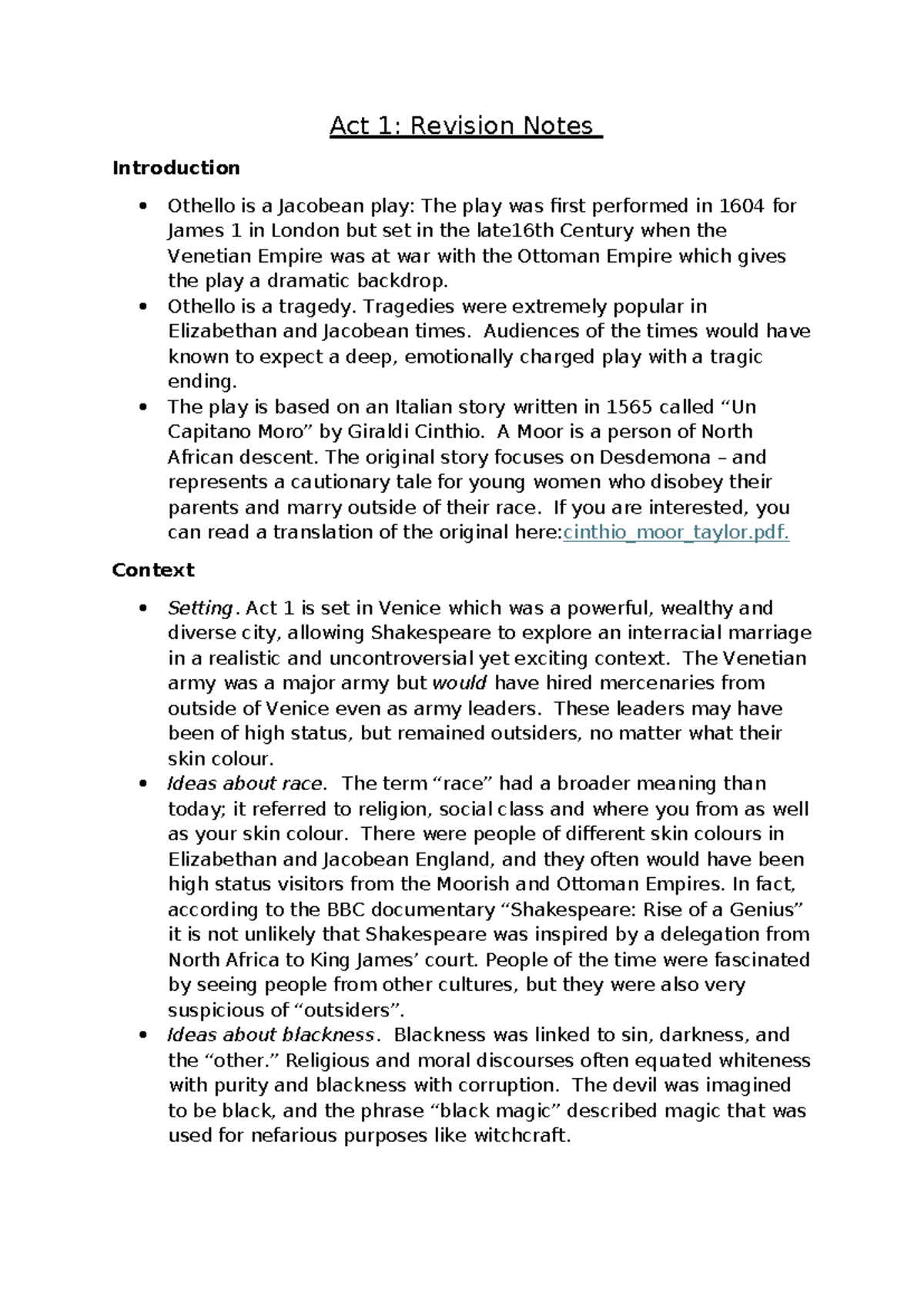 Act 1: Othello Revision Notes & Context Analysis - Studocu