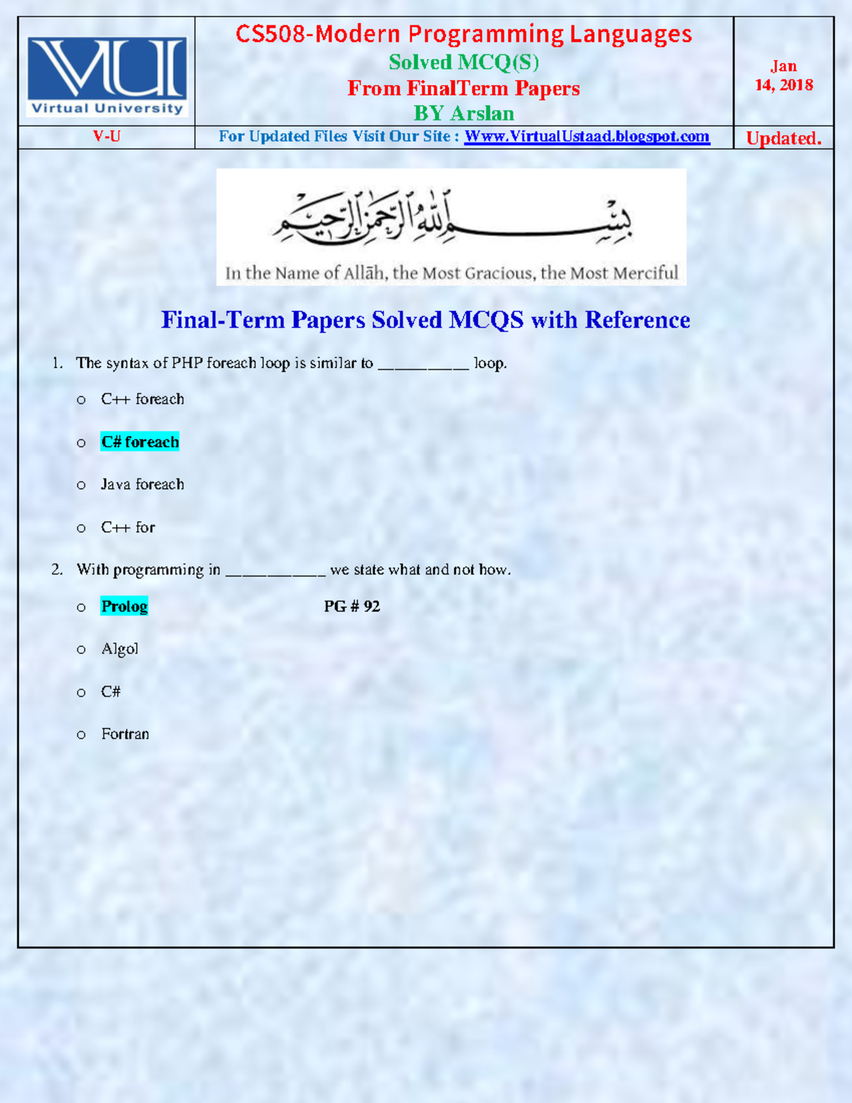 CS508-Final Term-MCQsby Arsalan - Solved MCQ(S) From FinalTerm Papers BY Arslan 14, 2018 Jan V-U ...