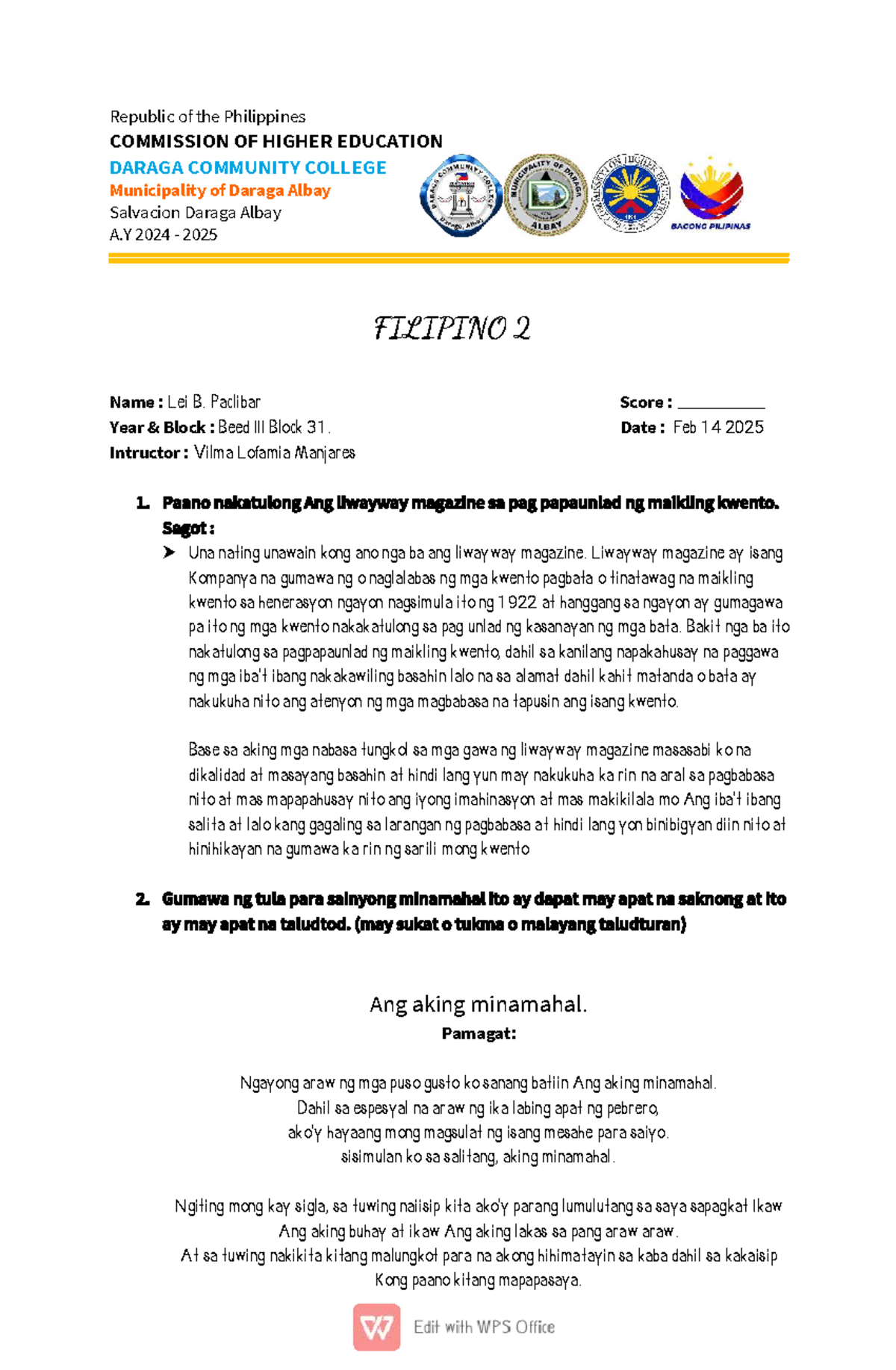 Filipino 2 Essay Notes: Liwayway Magazine & Tula for Valentine's Day ...