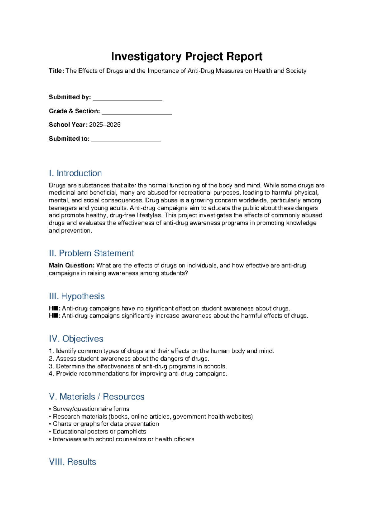 Investigatory Project Report: Effects of Drugs on Health & Society ...