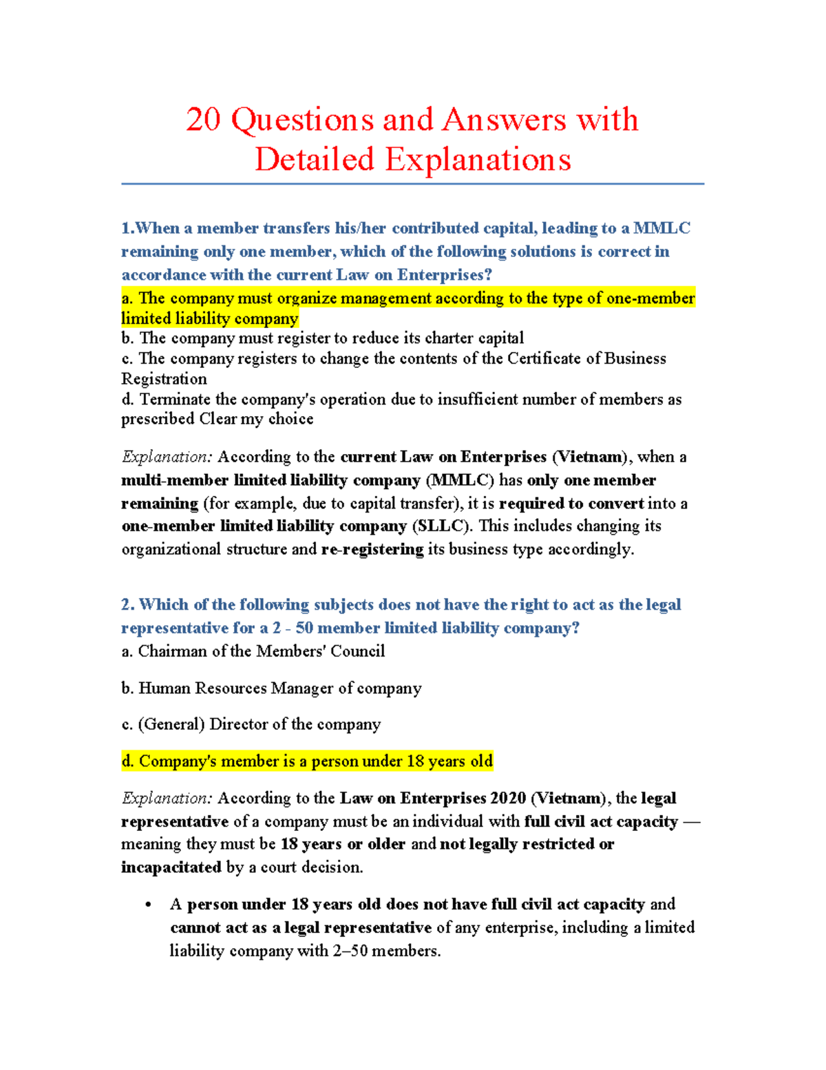 MMLC Final Exam: 20 Q&A with Detailed Explanations on Enterprise Law ...