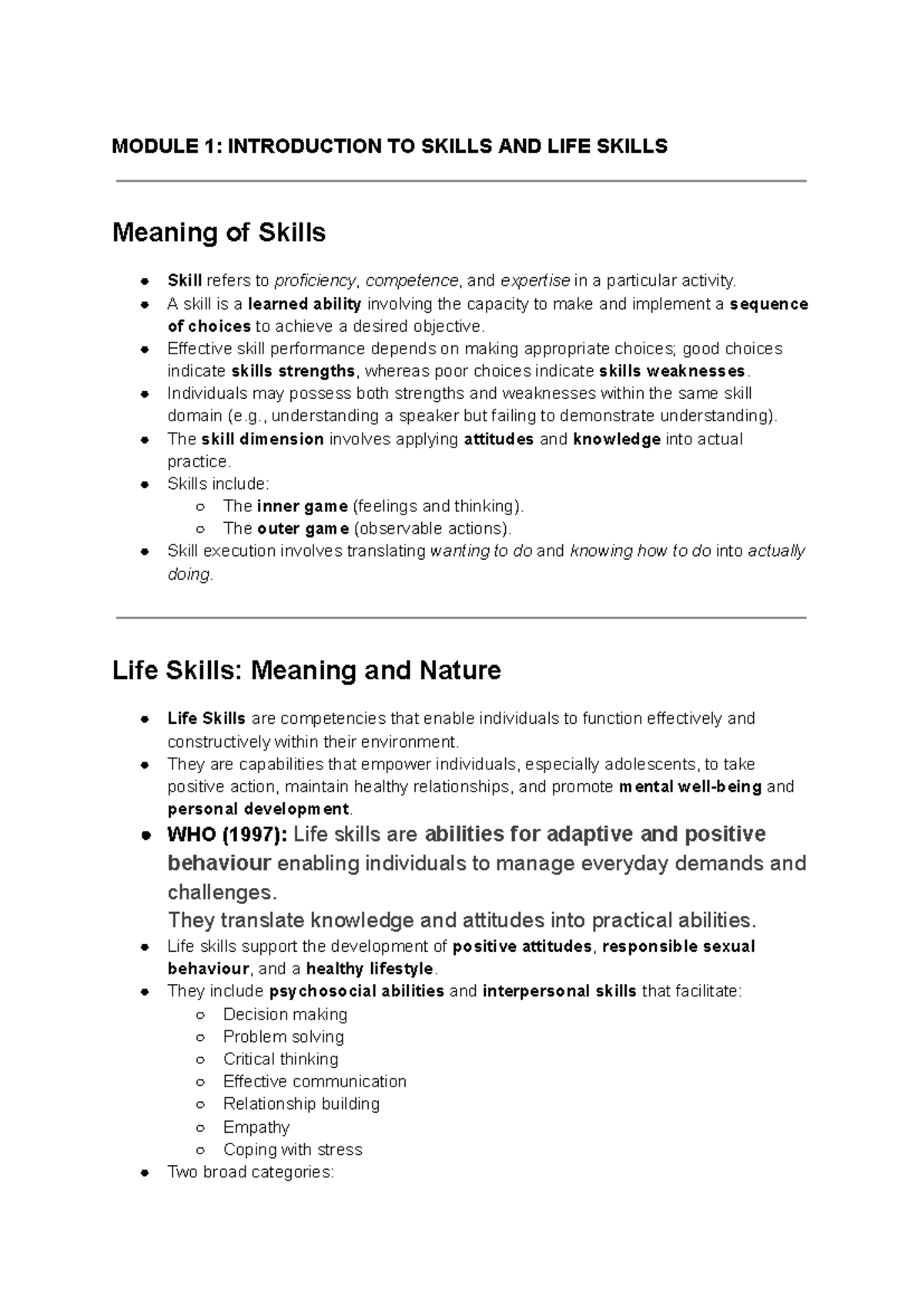 MODULE 1: INTRODUCTION TO LIFE SKILLS AND THEIR IMPORTANCE - Studocu