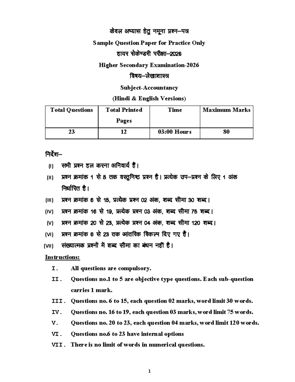 12th Bookkeeping and Accountancy-1 Sample Question Paper for Practice ...