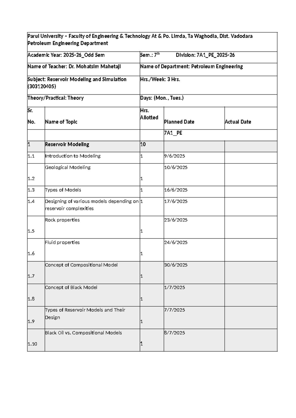 Reservoir Modeling and Simulation (303120405) Lecture Notes - Sem 7 ...