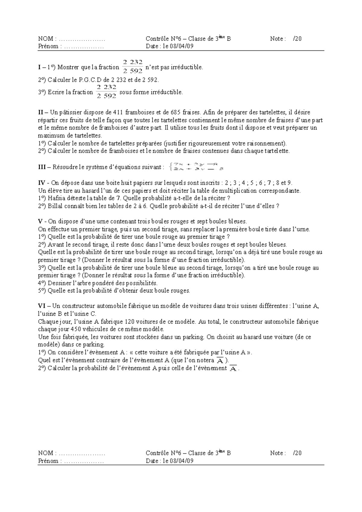 Contrôle N°5 - Exercice - NOM : ..................... Contrôle N°6 ...