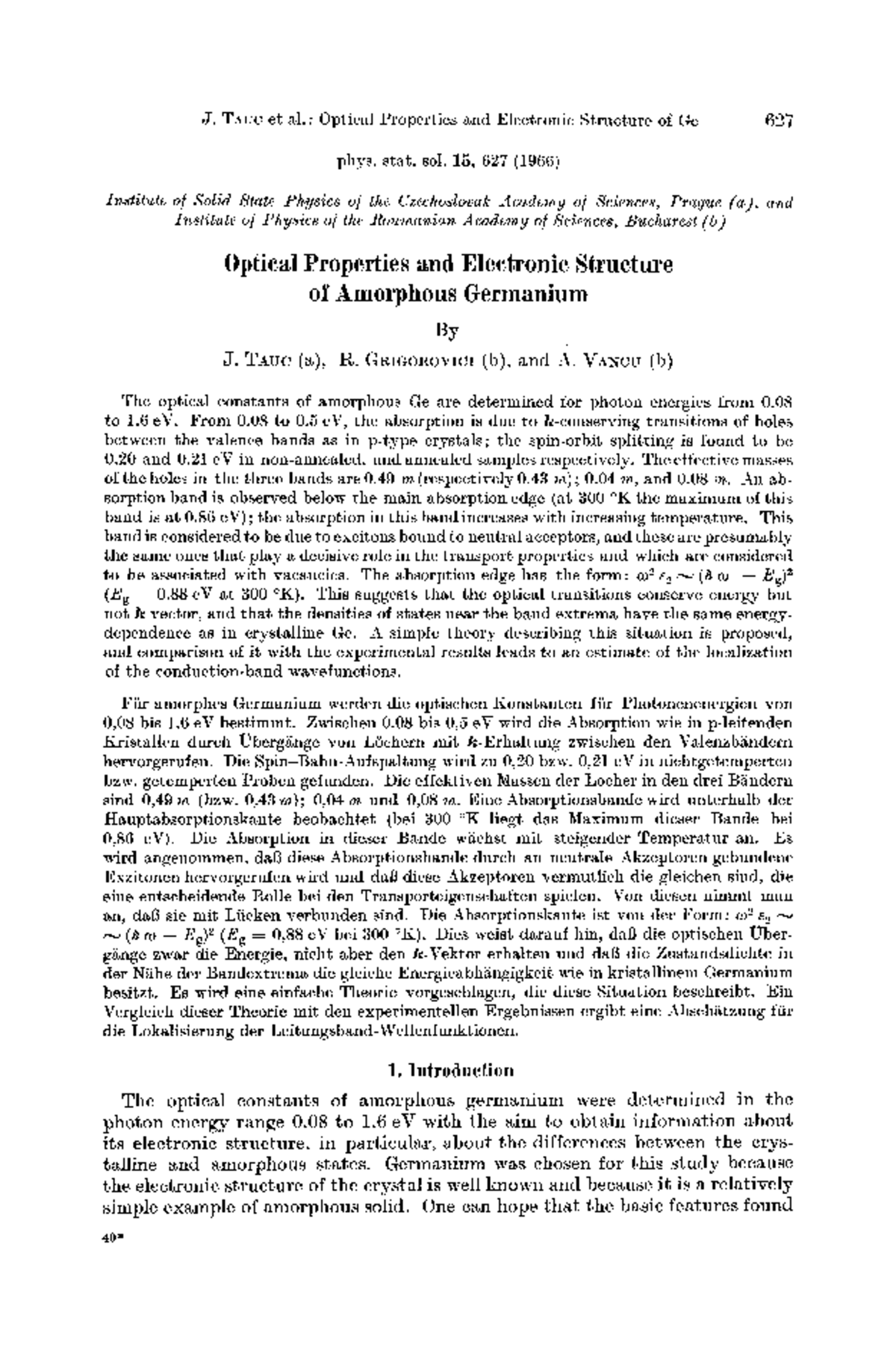 Optical Properties and Electronic Structure of Amorphous Ge (Tauc 1966 ...