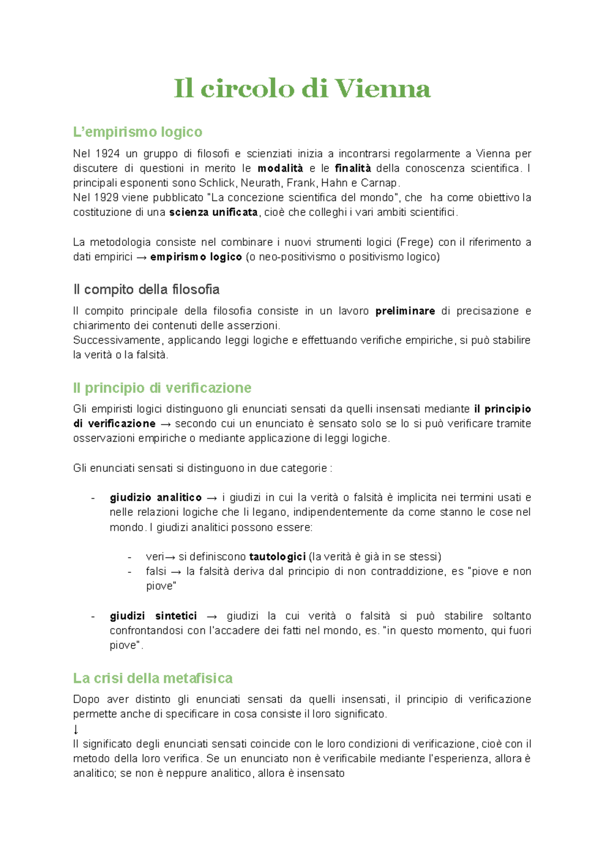 Il Circolo di Vienna: Fondamenti e Principi di Verificazione - Studocu