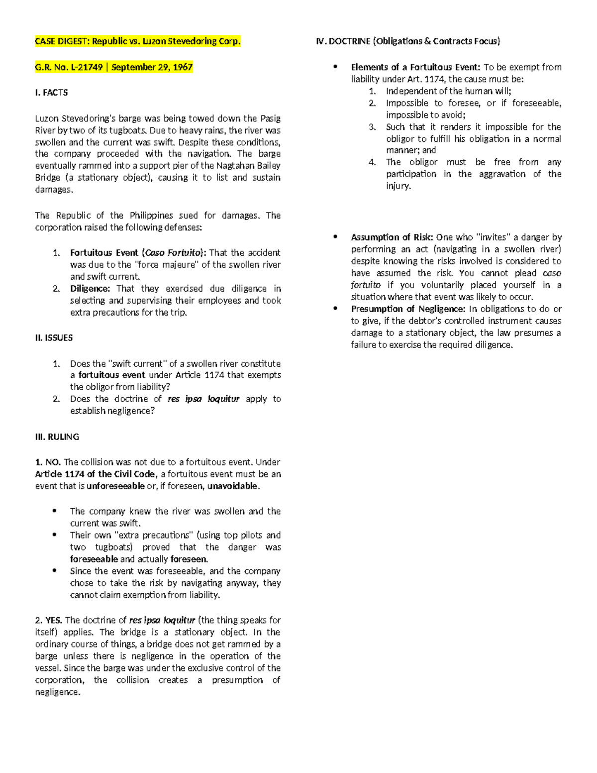 Oblicon Case Digests: Key Rulings on Fortuitous Events and Liability ...