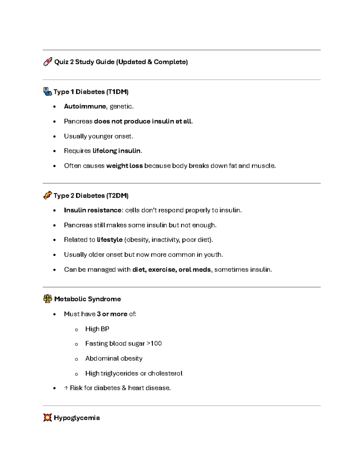 Quiz 2 Study Guide: Type 1 & Type 2 Diabetes Overview - Studocu