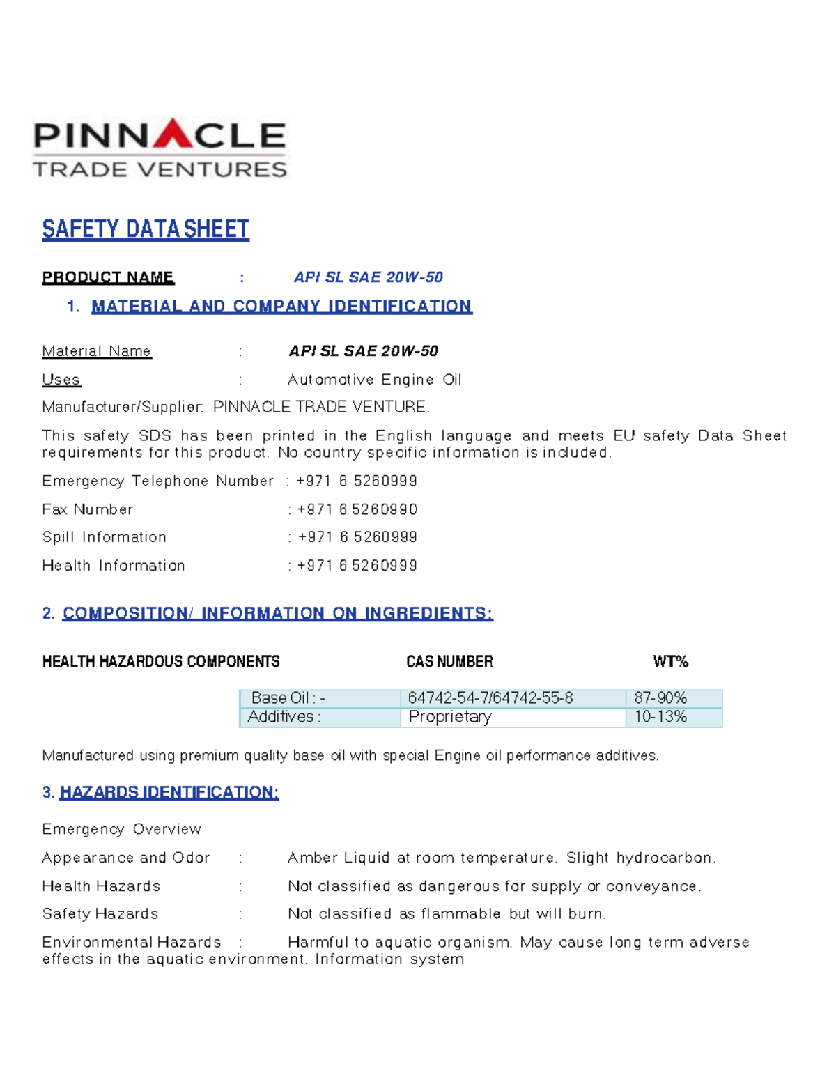 API SL SAE 20W50 Safety Data Sheet (SDS) for Automotive Engine Oil ...