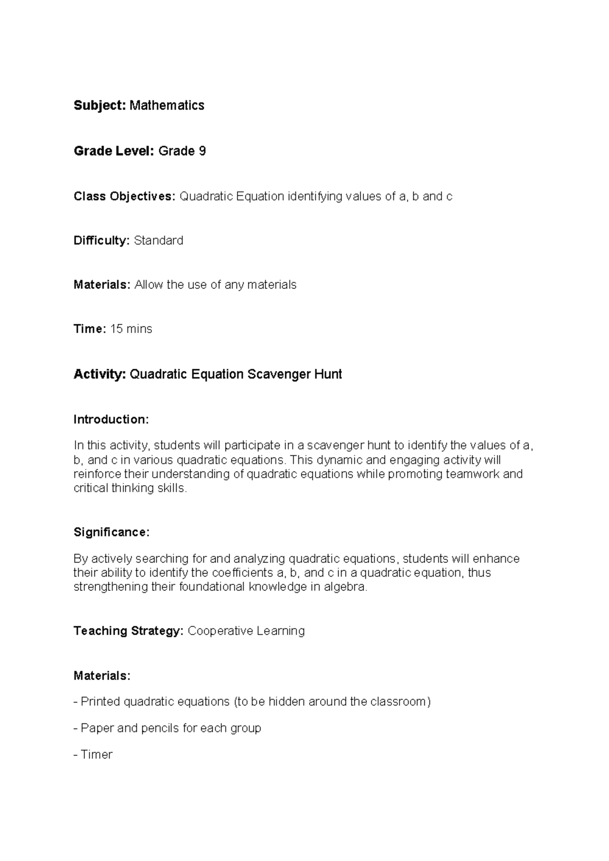 Grade 9 Math: Quadratic Equations - Values of a, b, c Scavenger Hunt ...