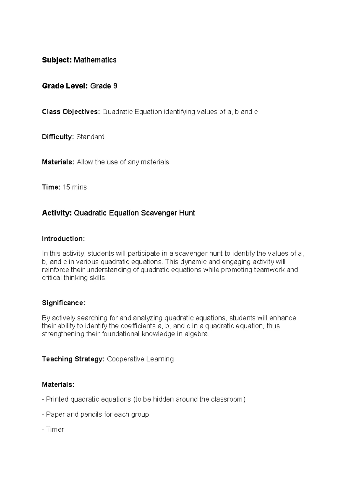 Grade 9 Math: Quadratic Equation Puzzle Challenge Activity - Studocu