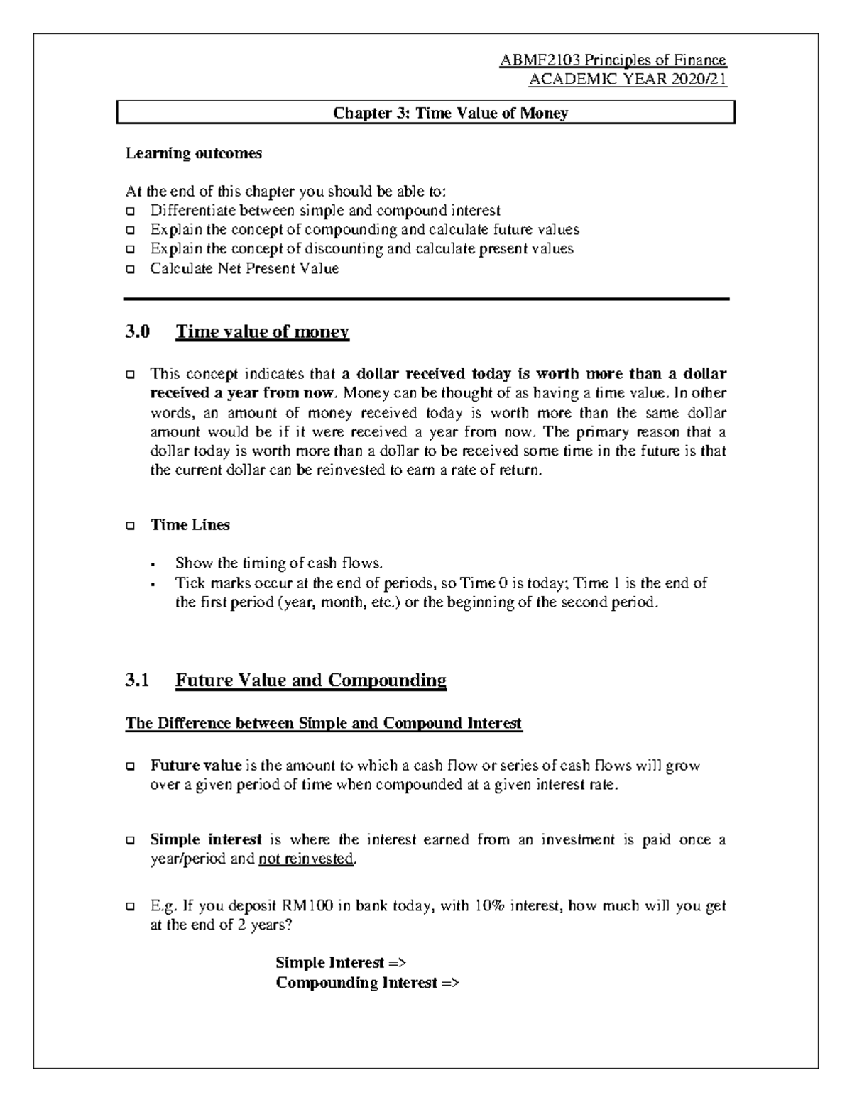 Chapter 3 - Time Value of Money (ABMF2103) Tutorial Notes - Studocu