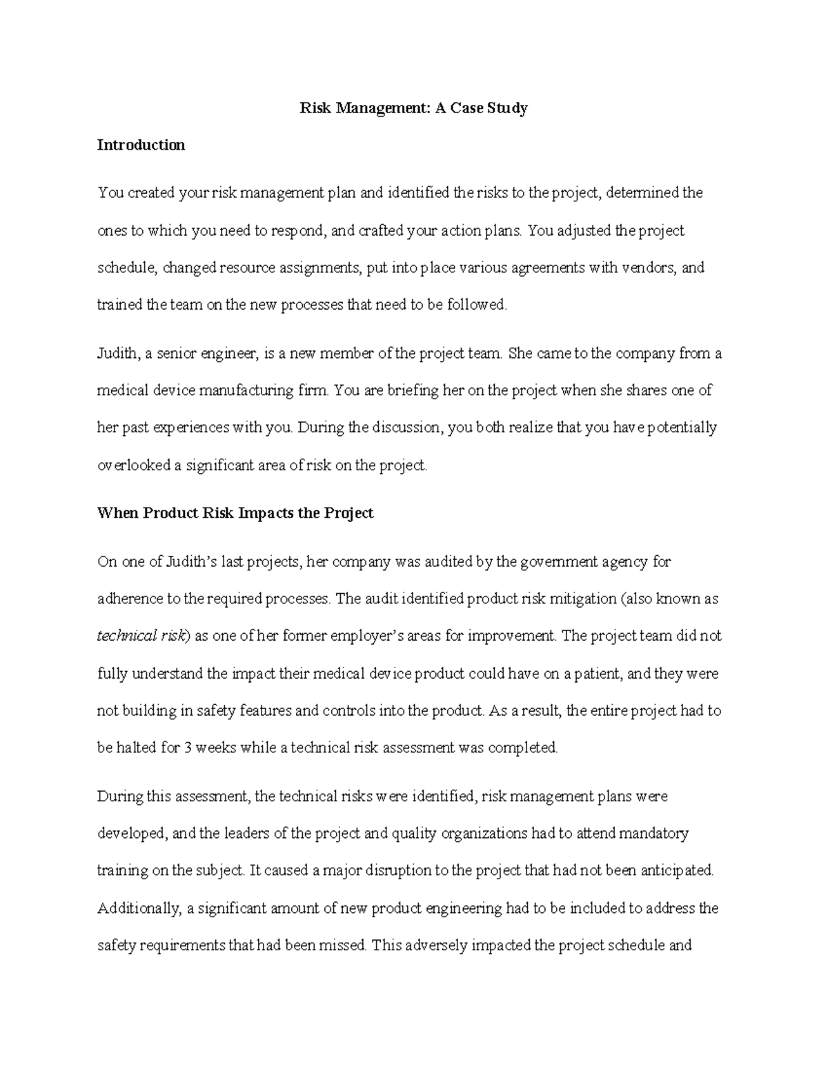 Risk Management A Case Study - Risk Management: A Case Study ...