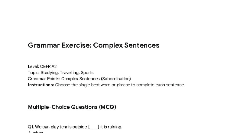 Grammar Exercise: Complex Sentences MCQ - CEFR A2 - Studocu