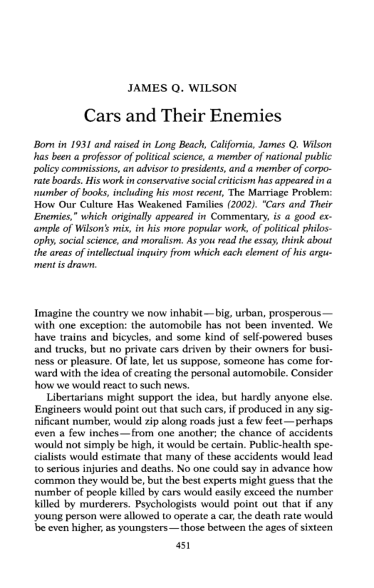 CARS AND THEIR ENEMIES: A STUDY OF JAMES Q. WILSON'S ESSAY - Studocu