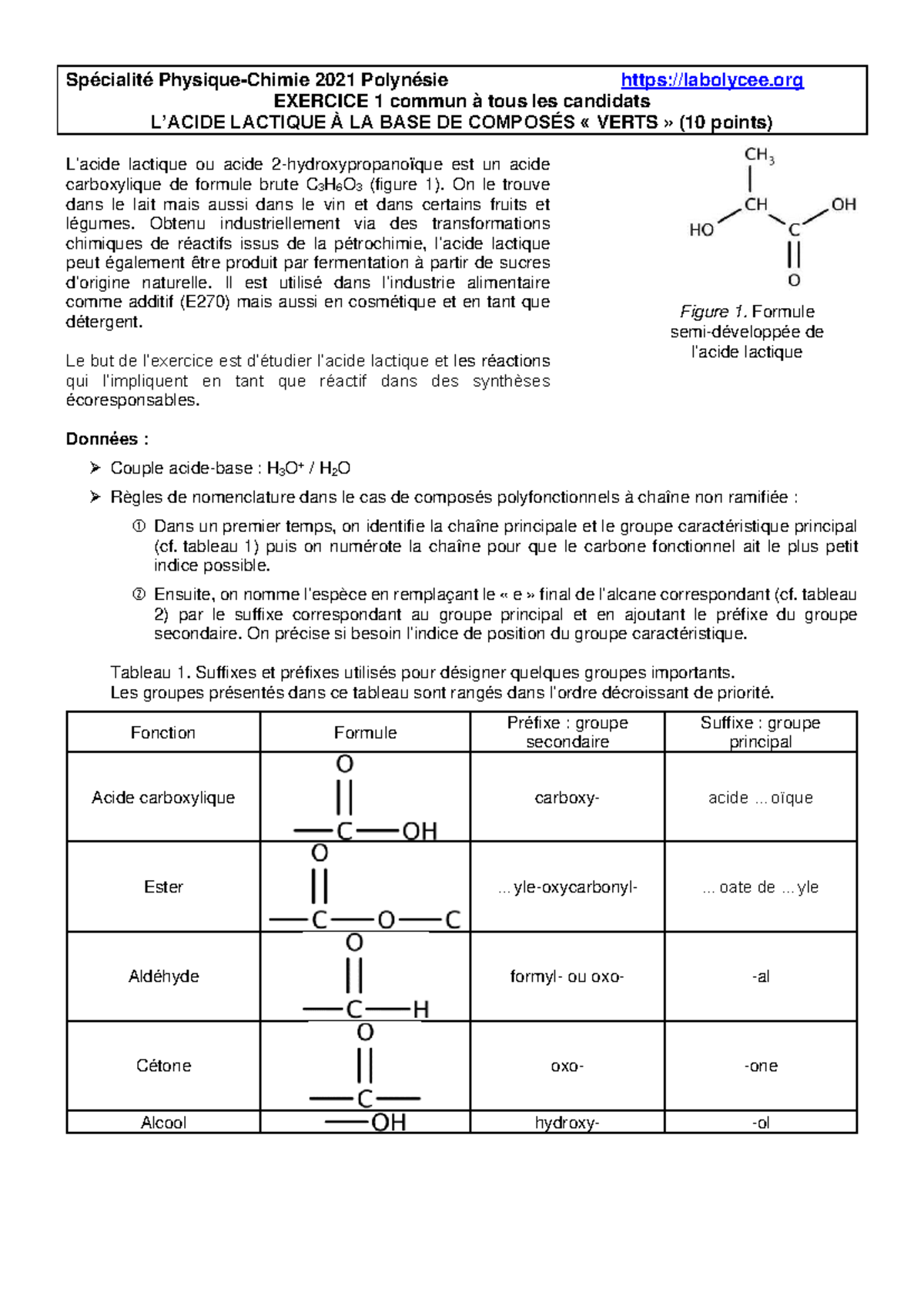 Exercice 1 : Acide Lactique et Synthèse de Lactate - Spécialité 2021 ...