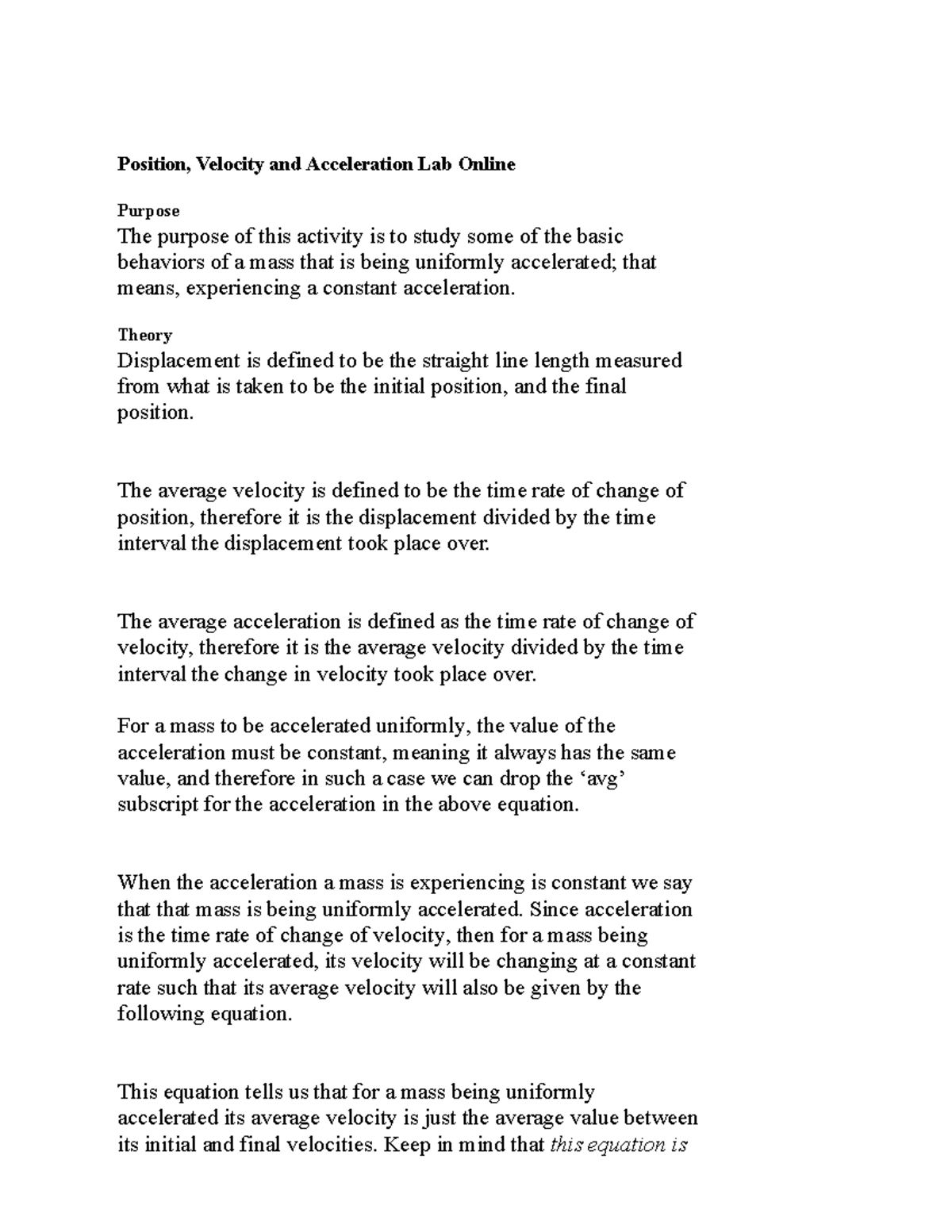 **Physics Lab 2: Study of Position, Velocity, and Acceleration** - Studocu