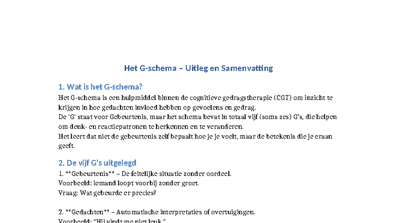 G-schema Samenvatting: Cognitieve Gedragstherapie (CGT) Uitleg - Studocu