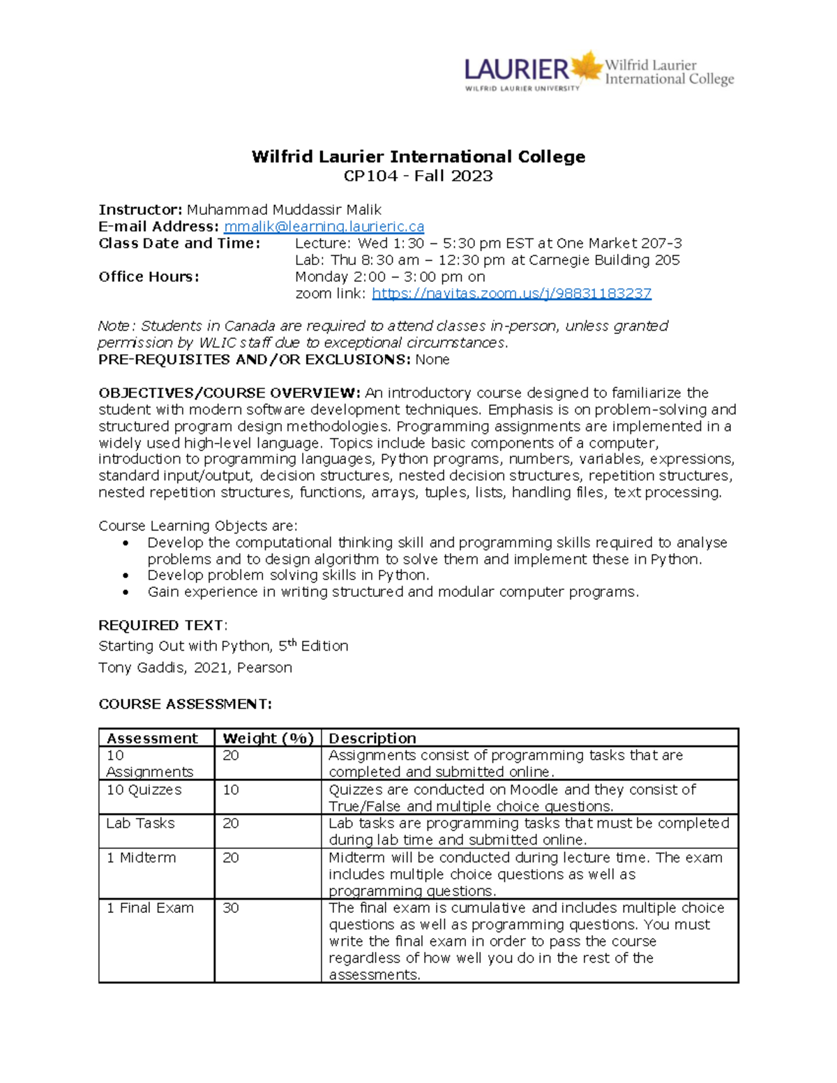 CP104 - Fall 2023 Course Outline: Intro to Programming Summary - Studocu