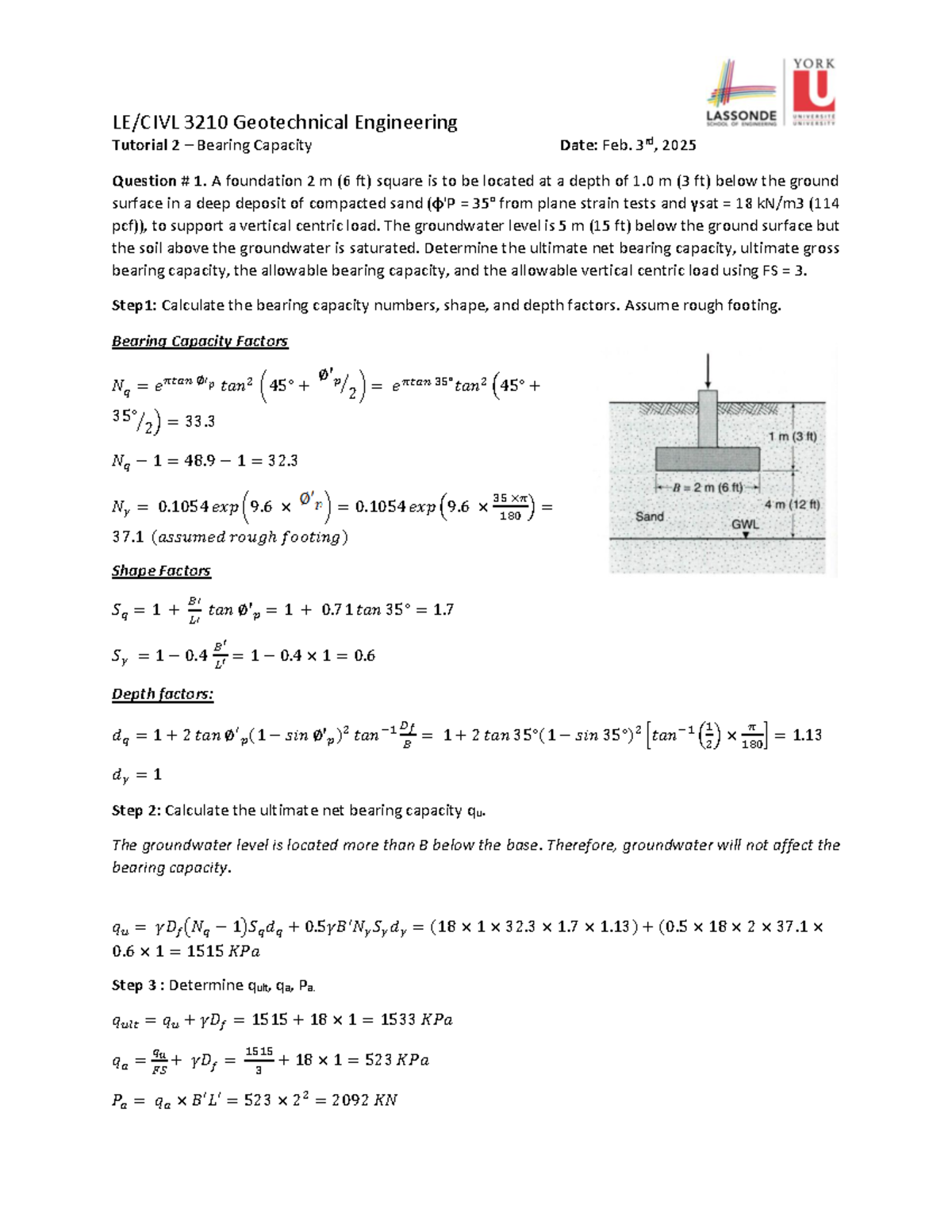 Tutorial #2 CIVL 3210 W2025 Solution - Tutorial 2 – Bearing Capacity ...
